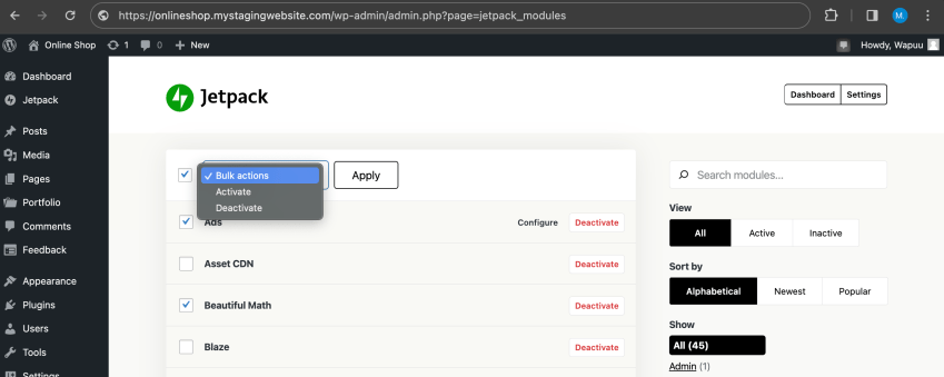 Control Jetpack Features on the Modules Page